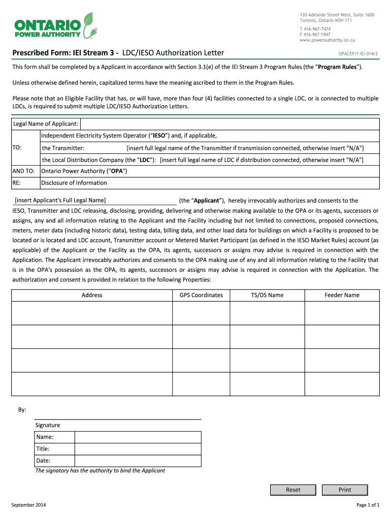 Fillable Online powerauthority on Prescribed Form: IEI Stream 3 - LDC/IESO Authorization ...