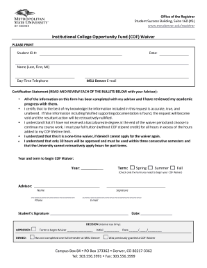 Fillable Online Institutional College Opportunity Fund (COF) Waiver Fax Email Print - pdfFiller