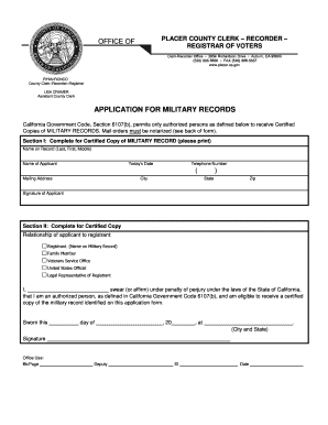 Fillable Online placer ca APPLICATION FOR MILITARY RECORDS Fax Email Print - pdfFiller