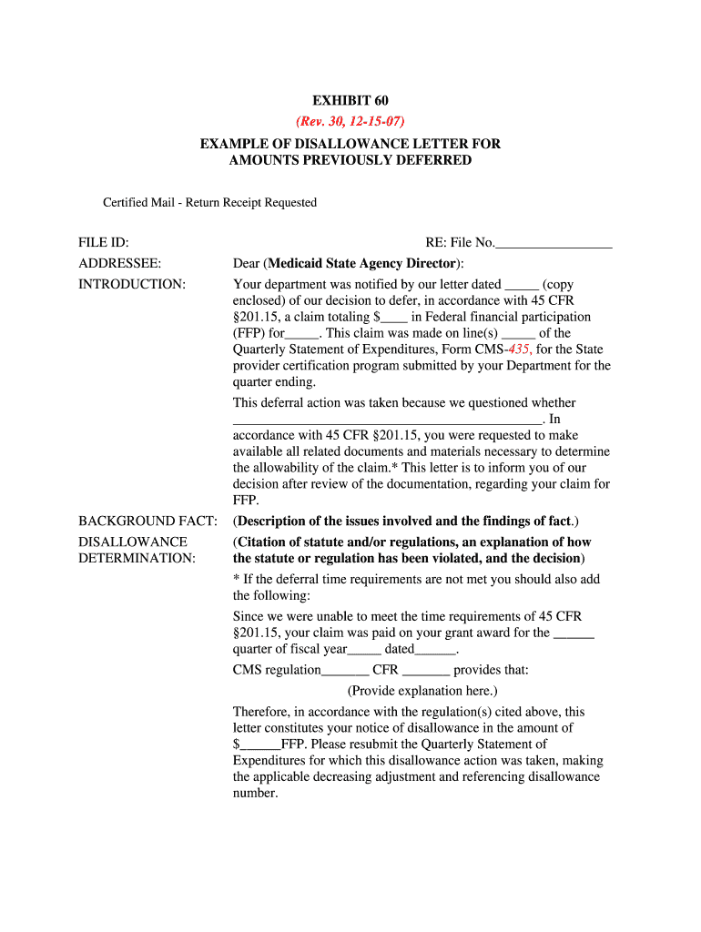 Fillable Online cms SOM - Exhibit 60. Example Of Disallowance Letter ...