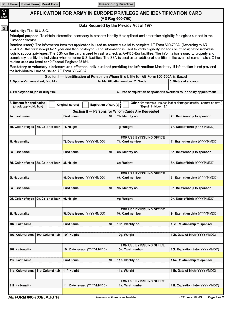 Fillable Online eur army AE Form 600-700B, August 2016 (LCD Vers. 01.00 ...