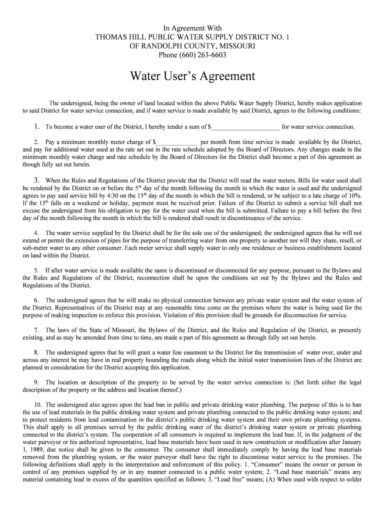 Fillable Online Water User s Agreement - Thomas Hill PWSD Fax Email ...