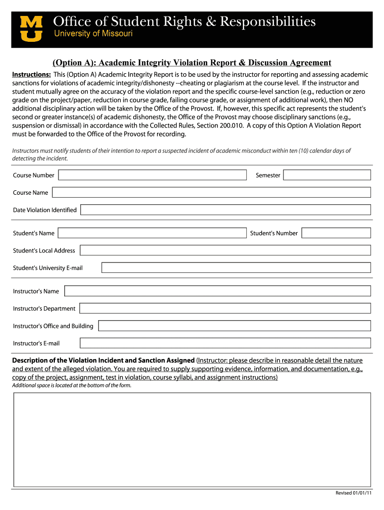 Fillable Online osrr missouri (Option A): Academic Integrity Violation ...