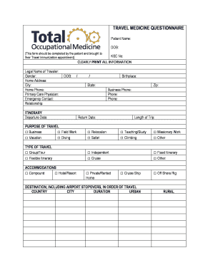 Fillable Online travel medicine questionnaire - Total Occupational ...