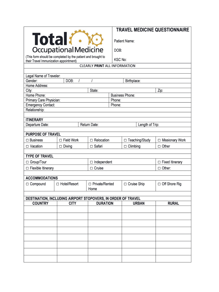 Fillable Online travel medicine questionnaire - Total Occupational ...