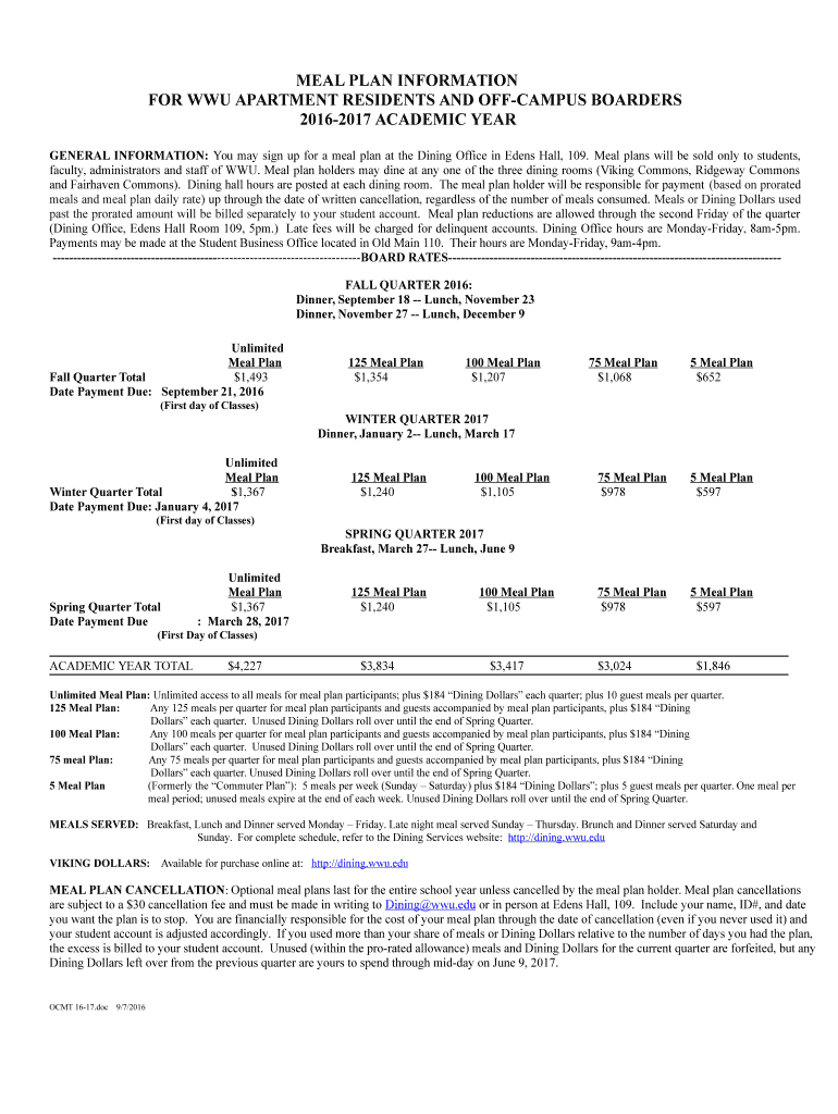 Fillable Online MEAL PLAN INFORMATION Fax Email Print - pdfFiller