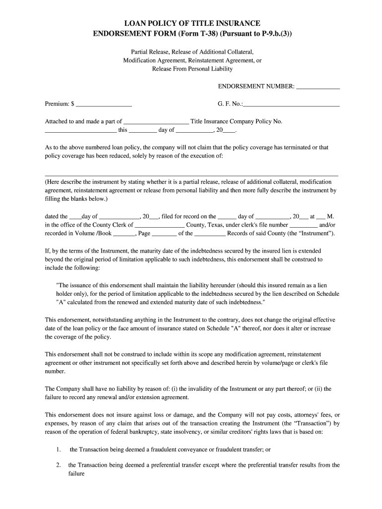 Fillable Online ENDORSEMENT FORM (Form T-38) (Pursuant to P-9 Fax Email ...