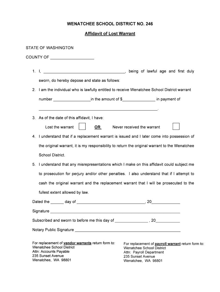 Fillable Online wenatcheeschools AFFIDAVIT OF LOST WARRANT Fax Email Print - pdfFiller