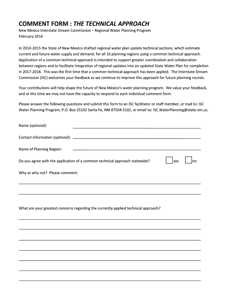 Fillable Online ose state nm FINAL Comment Form - Technical Approach ...