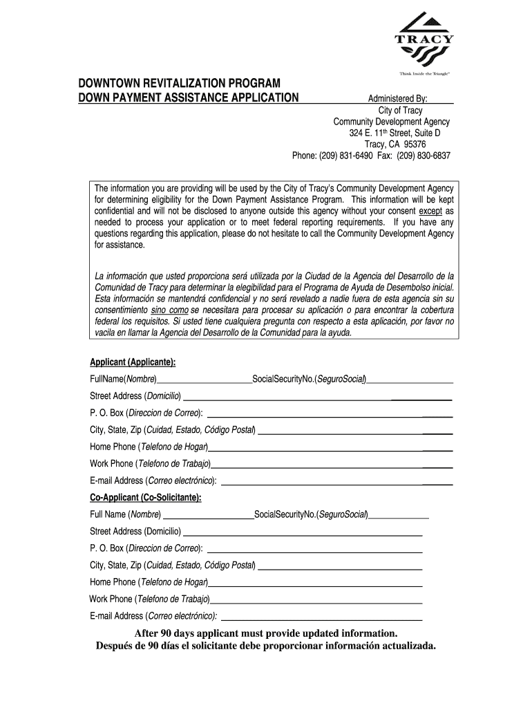 Fillable Online ci tracy ca DOWNTOWN REVITALIZATION PROGRAM DOWN PAYMENT Fax Email Print - pdfFiller