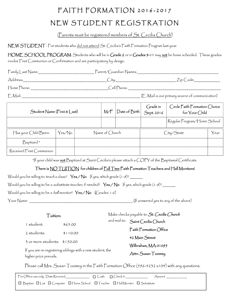 Fillable Online faith formation 2016-2017 new student registration - St ...