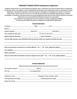 Fillable Online WINGARD TOWING SERVICE Employment Application Fax Email ...