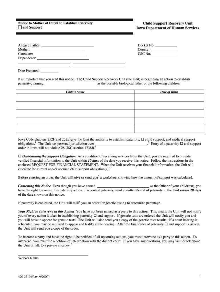 Fillable Online dhs iowa 470-3310 Notice to Mother of Intent to ...