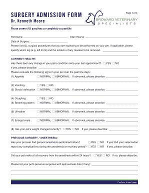 Fillable Online surgery admission form - Broward Veterinary Specialists Fax Email Print - pdfFiller