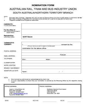Fillable Online rtbusant org SA& NT Branch Elections Nomination Form ...
