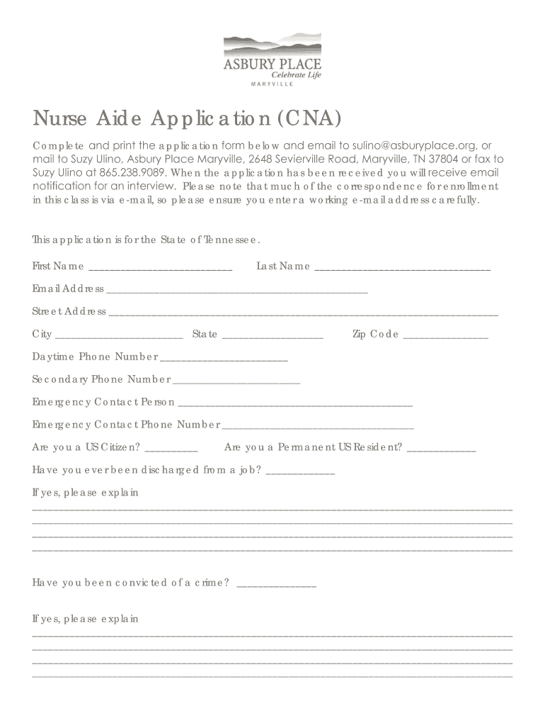 Fillable Online asburyplace Nurse Aide Application (CNA) Fax Email Print - pdfFiller