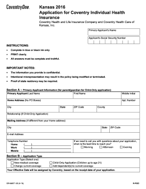 Fillable Online Kansas 2016 Application for Coventry Individual Health ... Fax Email Print ...