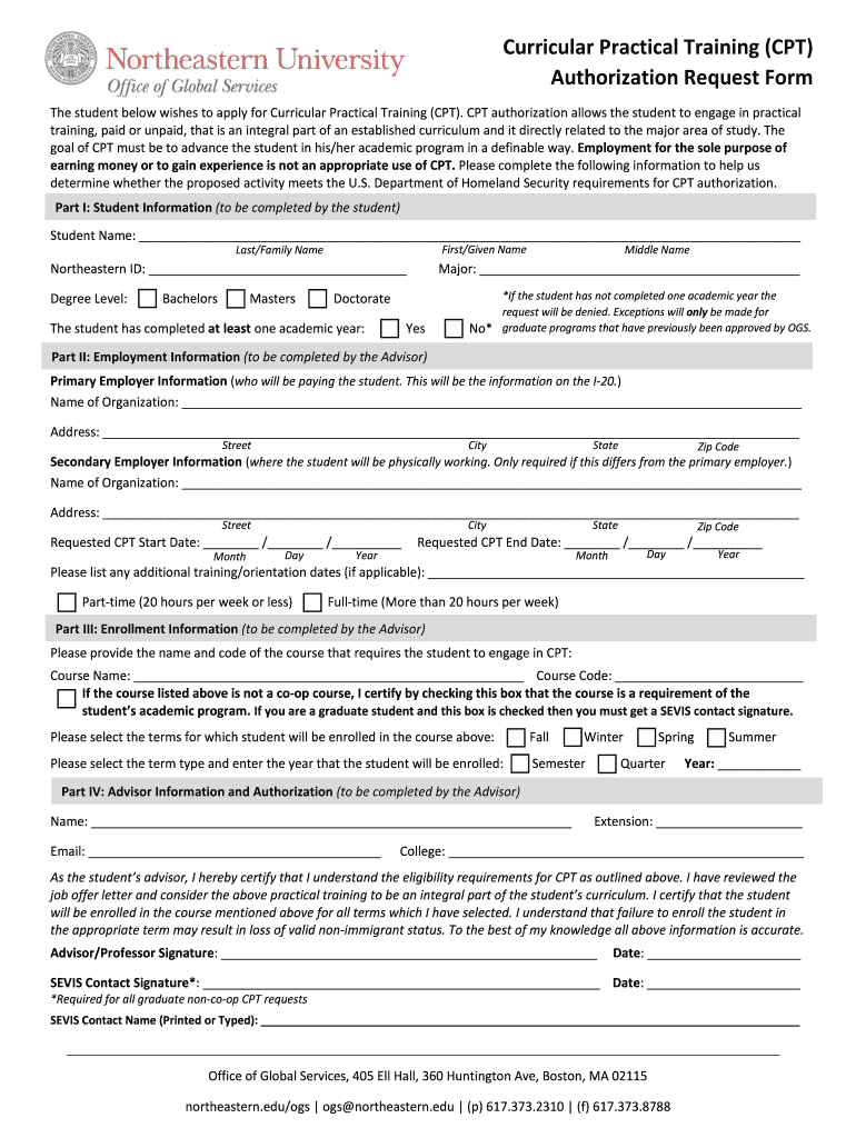 Fillable Online northeastern (CPT) Authorization Request Form - Northeastern University Fax ...