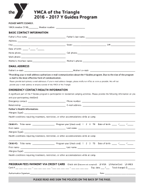 Fillable Online YMCA of the Triangle 2016 - 2017 Y Guides Program Fax ...