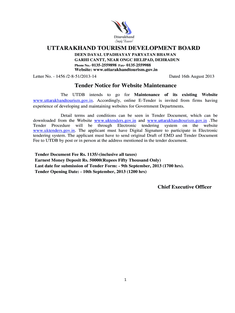 Fillable Online uttarakhandtourism gov Tender Website Maintenance ...