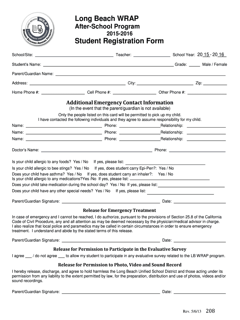 Fillable Online Long Beach WRAP Student Registration Form - Long Beach ...