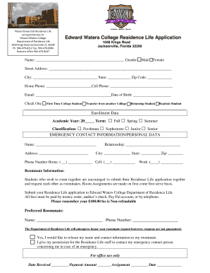 Fillable Online Edward Waters College Residence Life Application Fax Email Print - pdfFiller