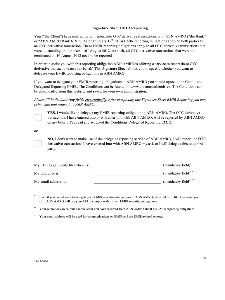 Fillable Online Signature Sheet EMIR Reporting Fax Email Print - pdfFiller