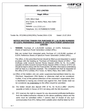 Fillable Online TENDER DOCUMENT PURCHASE OF PREFRENCE SHARE Fax Email Print - pdfFiller
