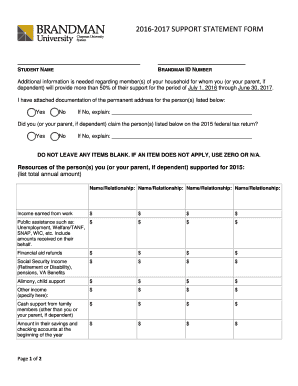 Fillable Online brandman 2016-2017 SUPPORT STATEMENT FORM Fax Email Print - pdfFiller