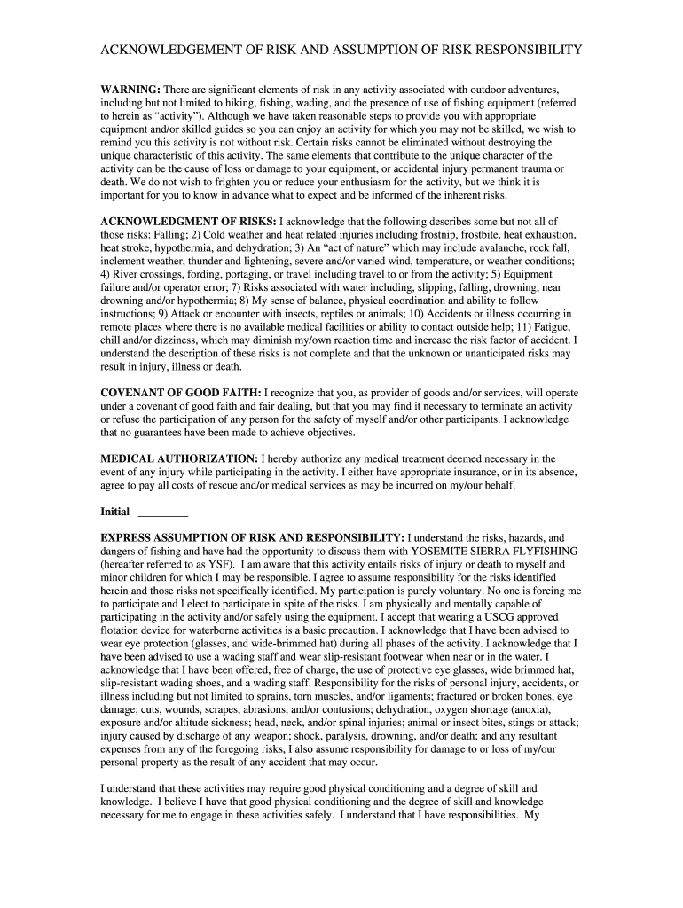 Fillable Online ACKNOWLEDGEMENT OF RISK AND ASSUMPTION OF RISK ...