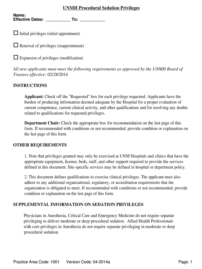 Fillable Online hsc unm UNMH Procedural Sedation Privileges - hsc unm ...