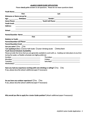 Fillable Online citywild junior guide application - cityWILD Fax Email ...
