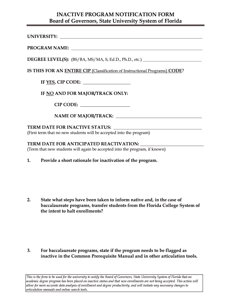 Fillable Online INACTIVE PROGRAM NOTIFICATION FORM Board of Governors ...