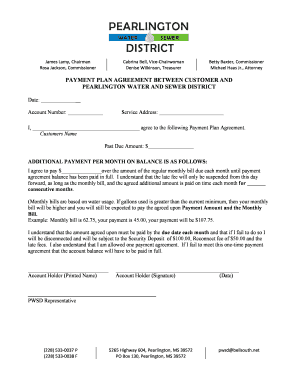 Fillable Online pwsd ms PAYMENT PLAN AGREEMENT BETWEEN CUSTOMER AND ...