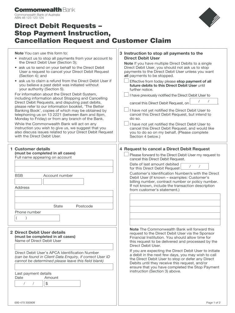 Fillable Online commbank com Direct Debit Requests - commbank com Fax ...