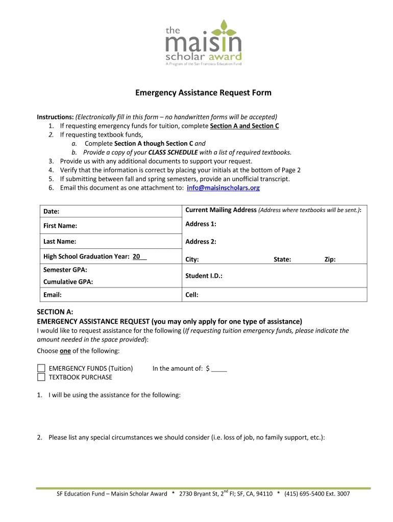 Fillable Online sfedfund Emergency Assistance Request Form Fax Email ...
