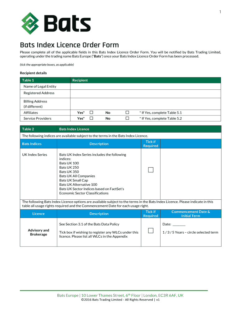 Fillable Online indices batstrading co Bats Index Licence Order Form ...