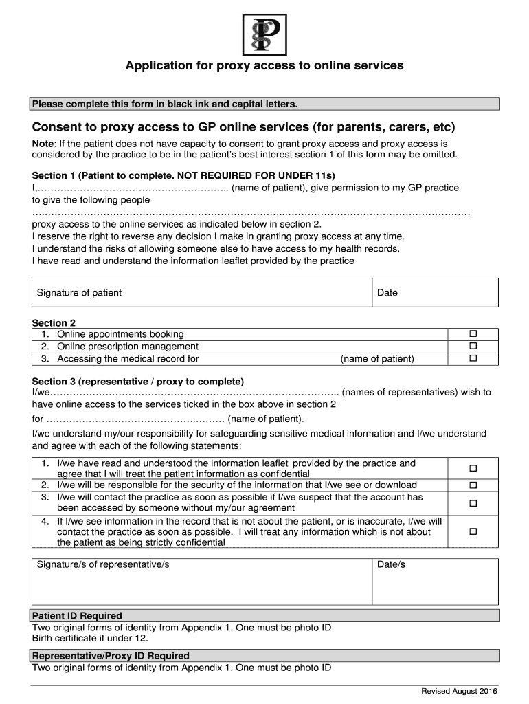 Fillable Online mysurgerywebsitemobile co Application for proxy access to online services ...