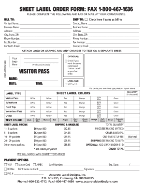 Fillable Online sheet label order form: fax 1-800-467-1636 - Accurate Label Designs Fax Email ...