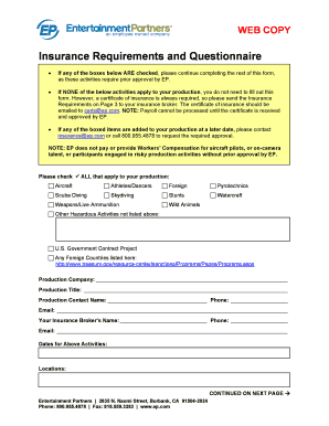 Fillable Online EP Insurance Requirements, Questionnaire, and Sample ...