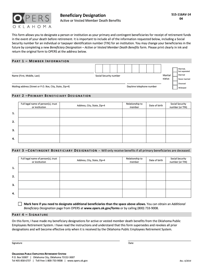 Fillable Online careers okdrs Active or Vested Member Death Benefits ...