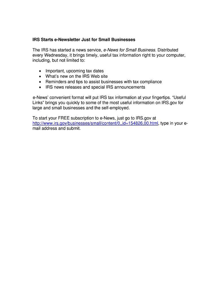 Fillable Online IRS Starts e-Newsletter Just for Small Businesses Fax ...