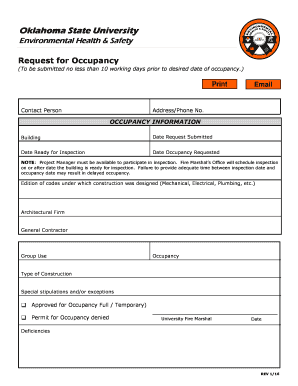Fillable Online ehs okstate Request for Occupancy - Environmental ...