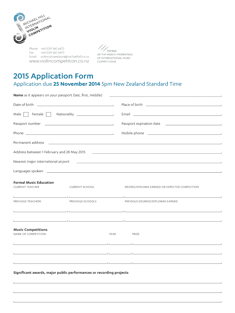 Fillable Online violincompetition co 2015 Application Form - violincompetition.co.nz Fax Email ...