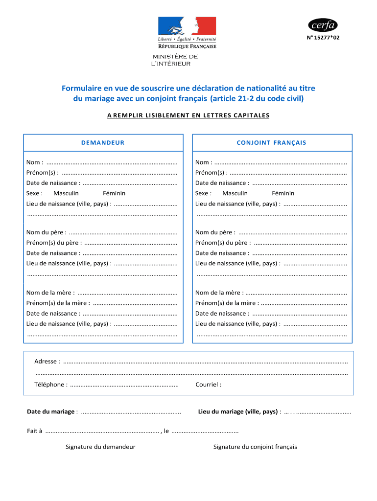 Fillable Online D claration de nationalit au titre du mariage avec un conjoint fran ais Fax ...