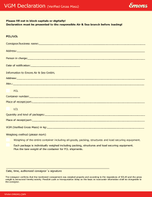 Fillable Online emons Application form: VGM - emons.de Fax Email Print ...