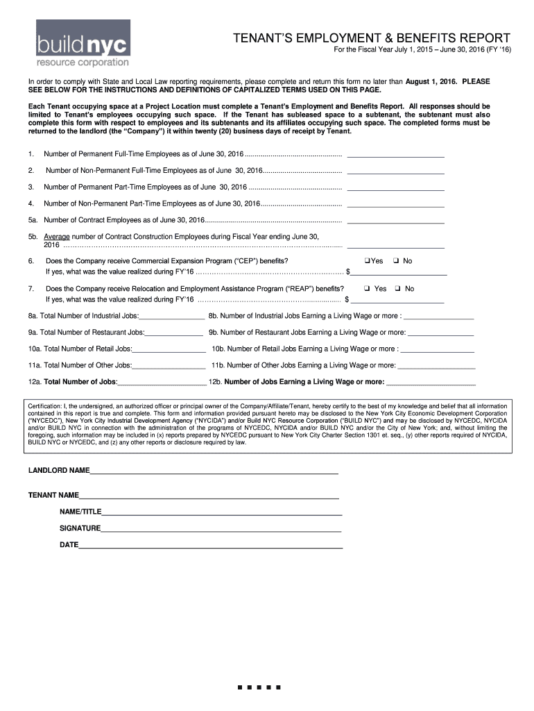 Fillable Online FY2016 Build NYC Tenant Employment & Benefits Form Fax ...