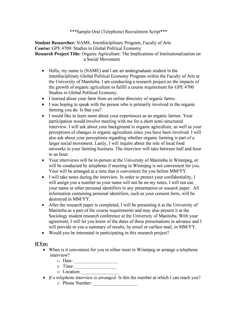 Fillable Online umanitoba ***Sample Oral (Telephone) Recruitment Script ...