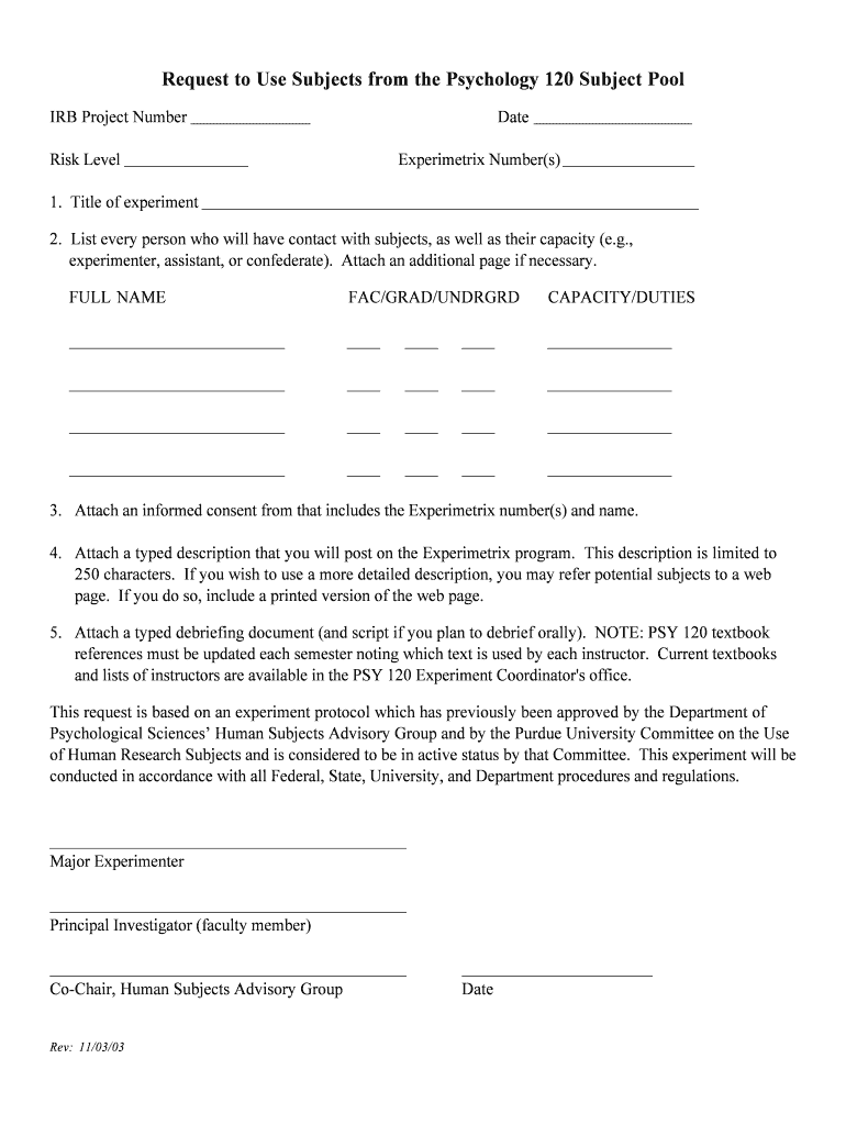 Fillable Online www1 psych purdue Request to Use Subjects from the ...