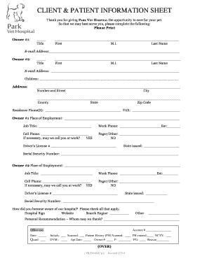 Fillable Online CLIENT & PATIENT INFORMATION SHEET - Park Veterinary ...